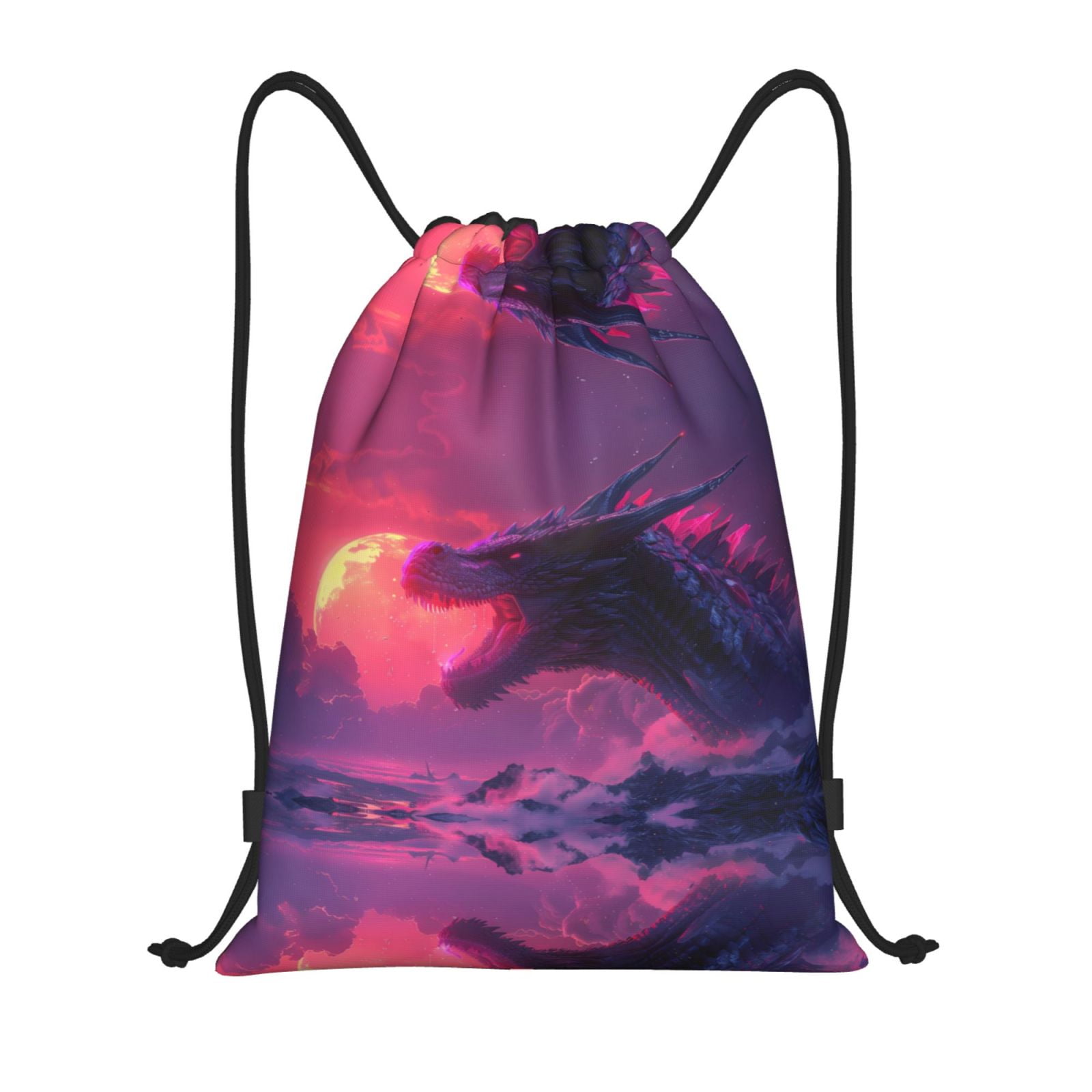 Drawstring Backpack, Mystical Dragon Under Moon Light Waterproof Sports ...
