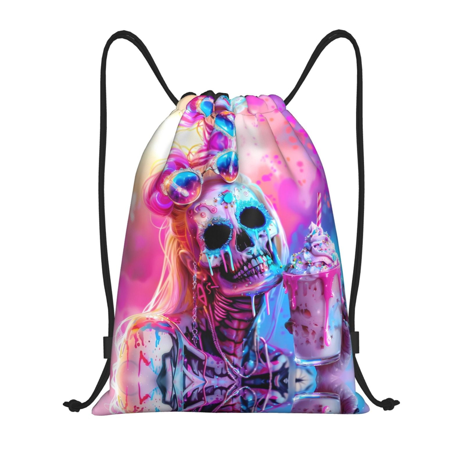 Drawstring Backpack, Neon Skull With Milkshake Light Waterproof Sports ...