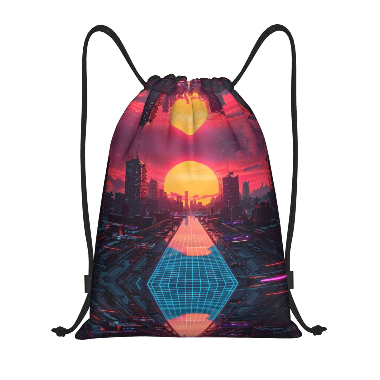 Drawstring Backpack Neon Sunset Cyberpunk Cityscape Sports Gym Bag for ...