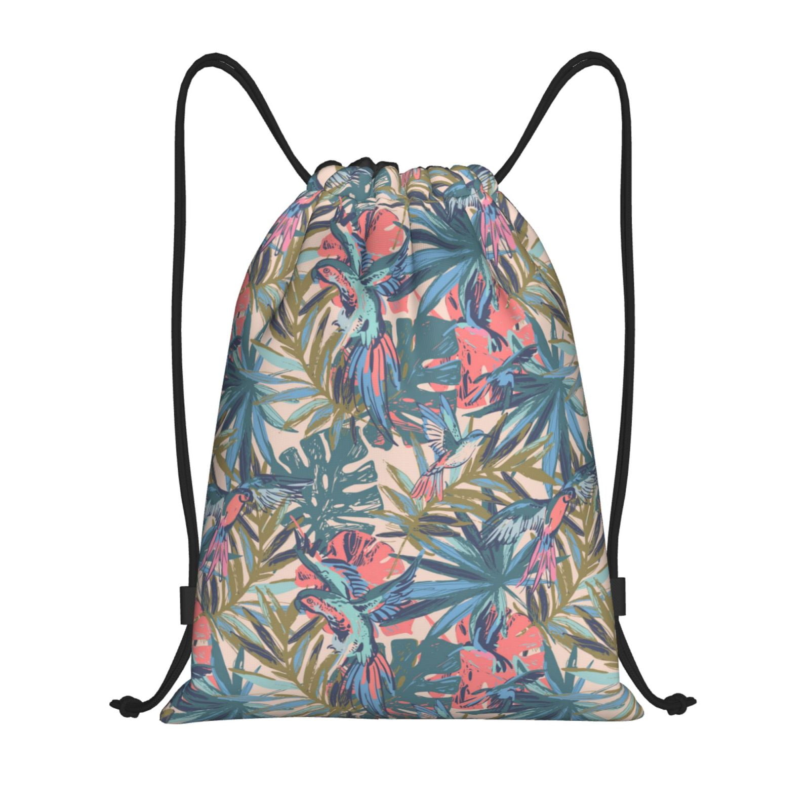 Drawstring Backpack - Painted Palm Leaf Parrot Splash Proof Small ...