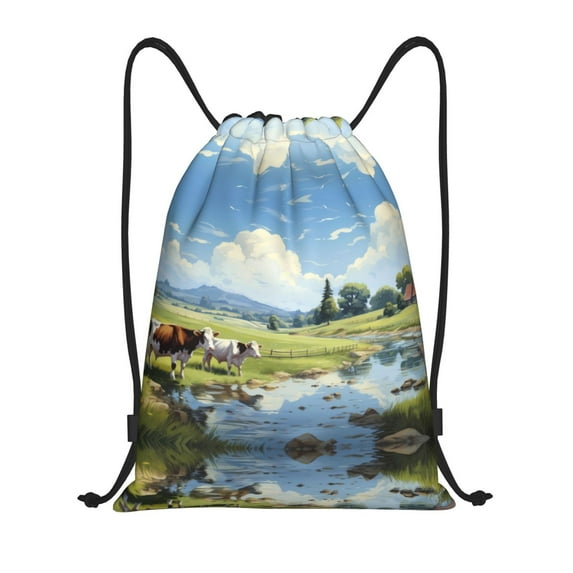 Drawstring Backpack - Pasture Cow Gym Bag for Women Men Water Resistant ...