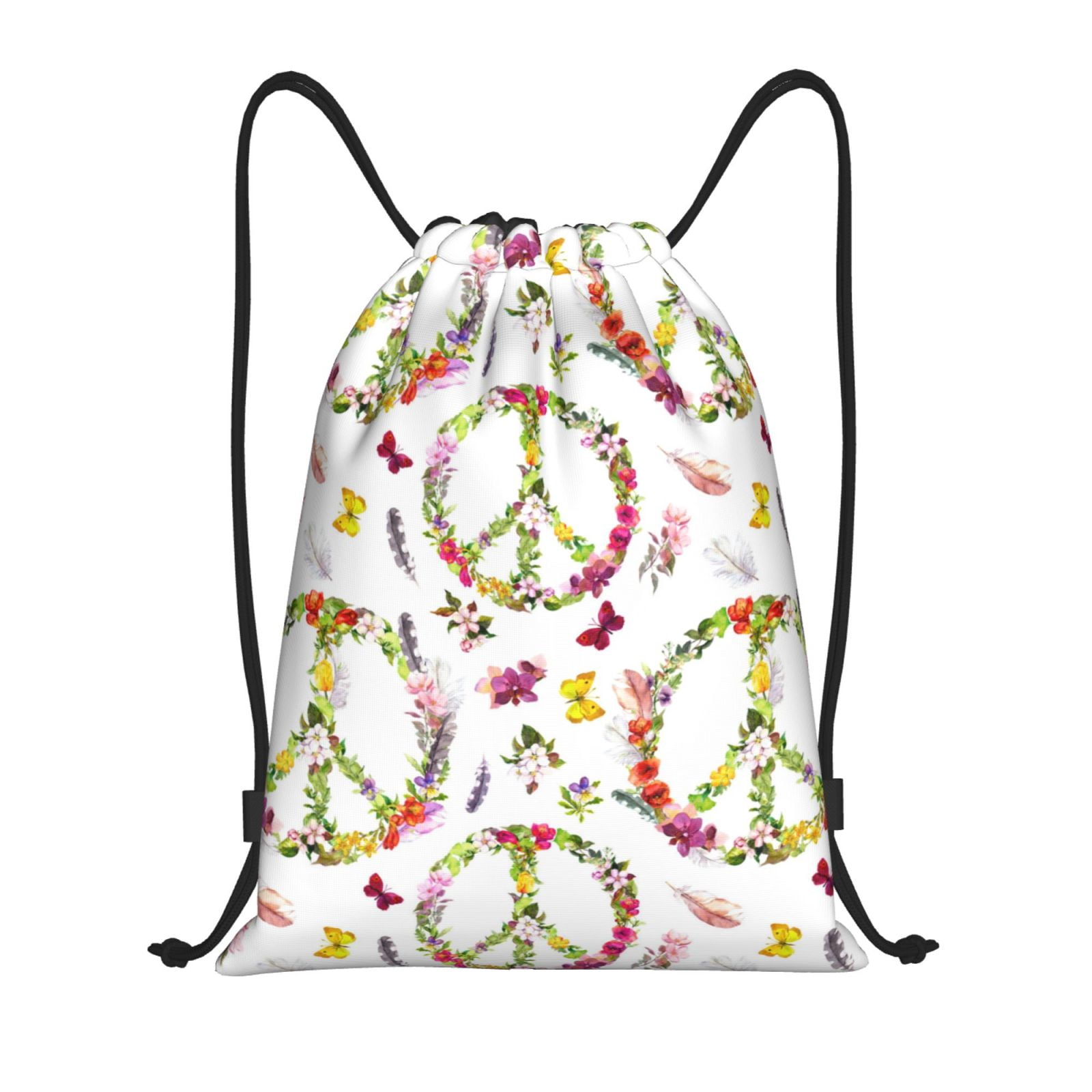 Drawstring Backpack - Peace sign flower butterfly feather boho Gym Bag ...