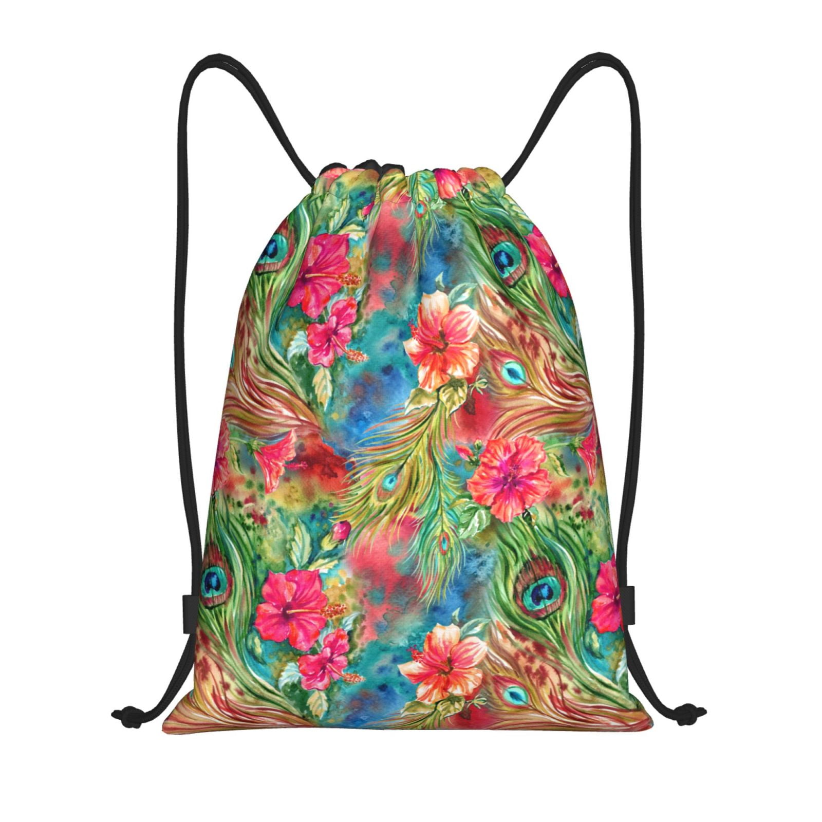 Drawstring Backpack, Peacock Feathers And Flowers Light Waterproof ...