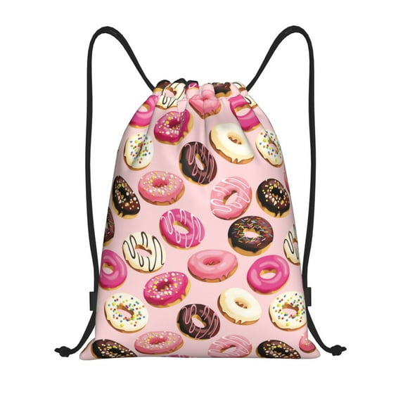 Drawstring Backpack, Pink Brown White Donut Print Light Waterproof ...