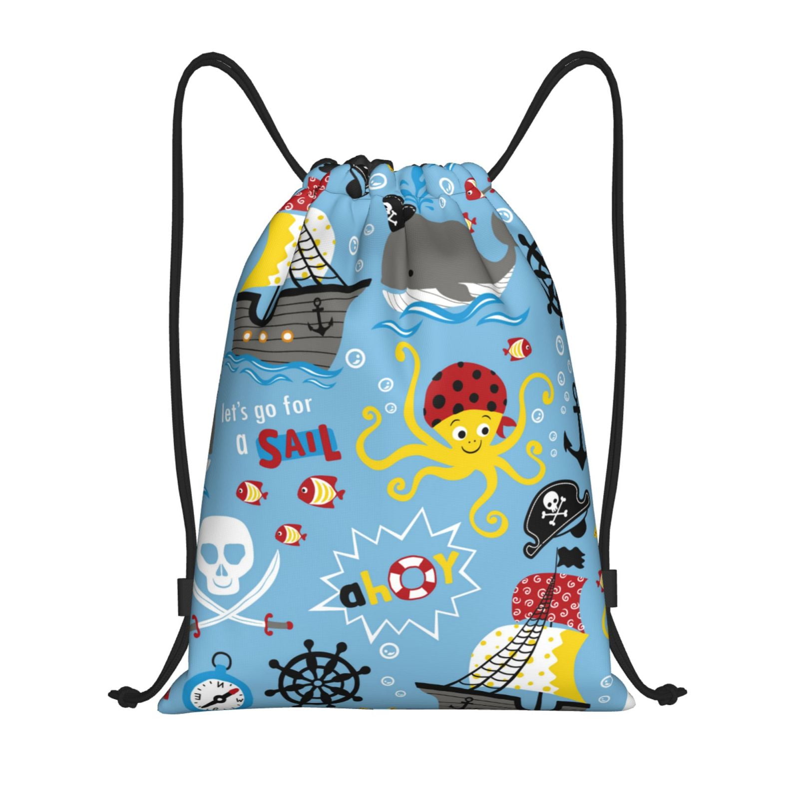 Drawstring Backpack - Pirate Marine Animals Splash Proof Small ...