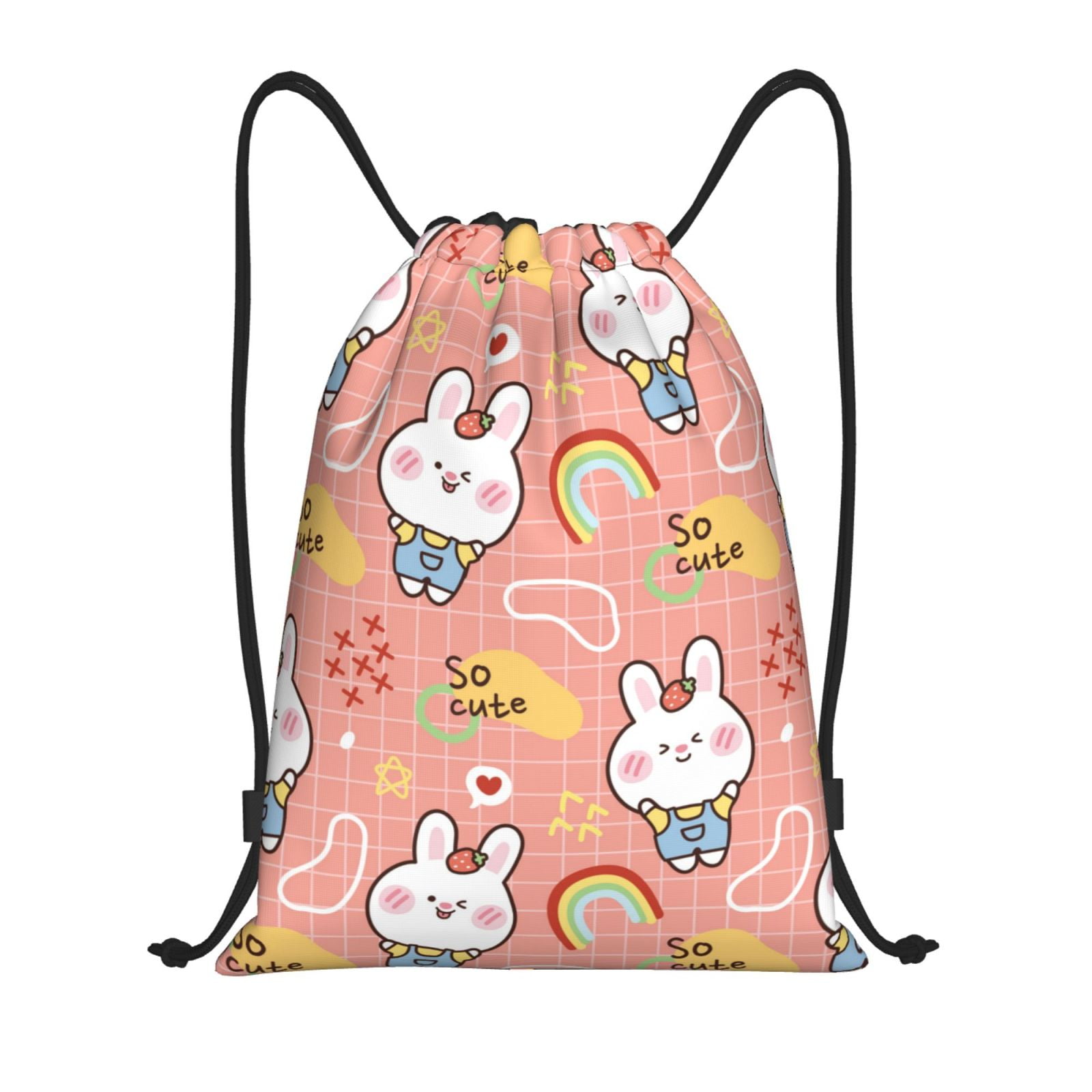 Drawstring Backpack Plaid Cartoon Cute Rabbit Painting Sports Gym Bag ...