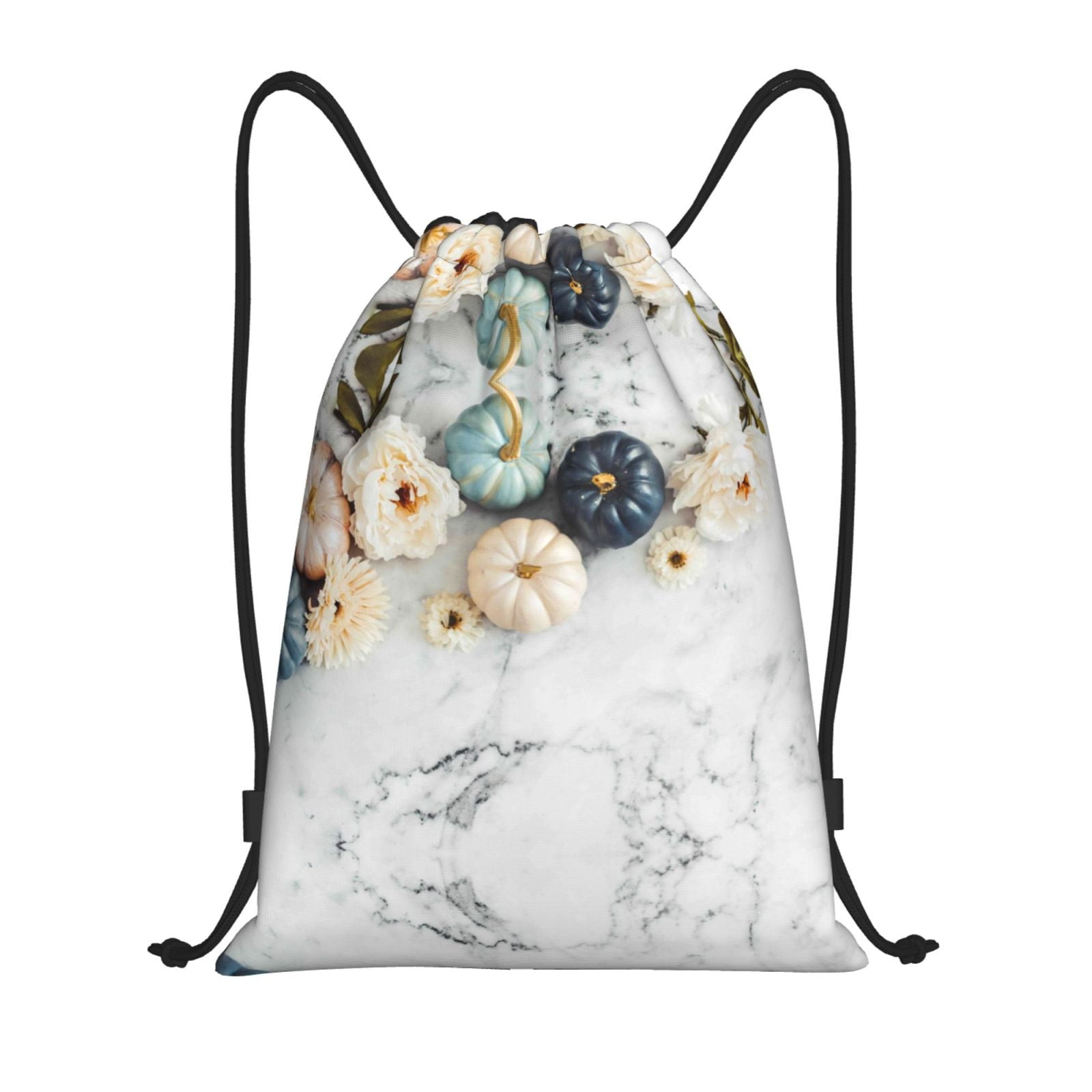 Drawstring Backpack, Pumpkin And White Marble Light Waterproof Sports ...