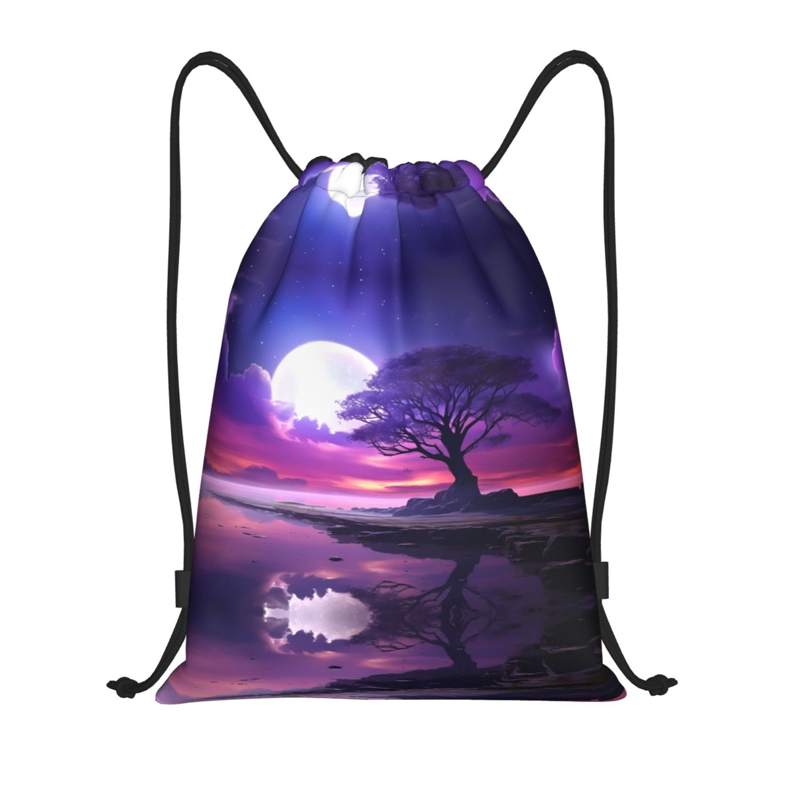 Drawstring Backpack, Purple Moon Night Sky Tree Light Waterproof Sports ...