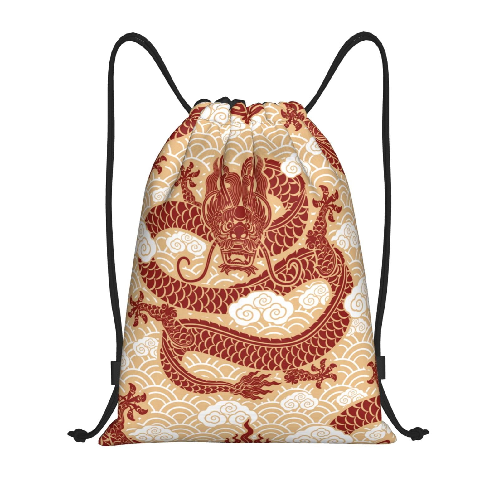 Drawstring Backpack, Red Golden Dragon Clouds Light Waterproof Sports ...