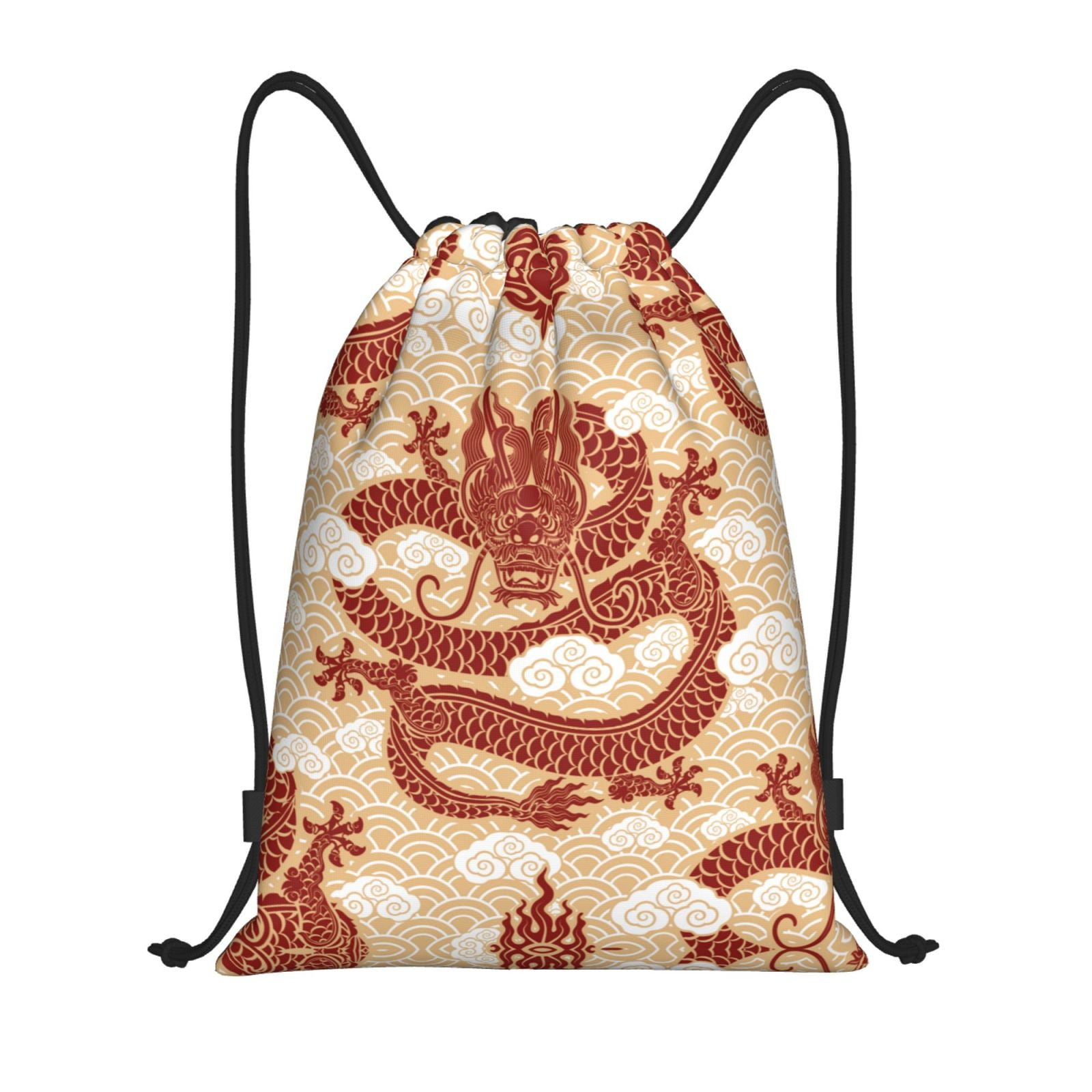 Drawstring Backpack, Red Golden Dragon Clouds Light Waterproof Sports ...