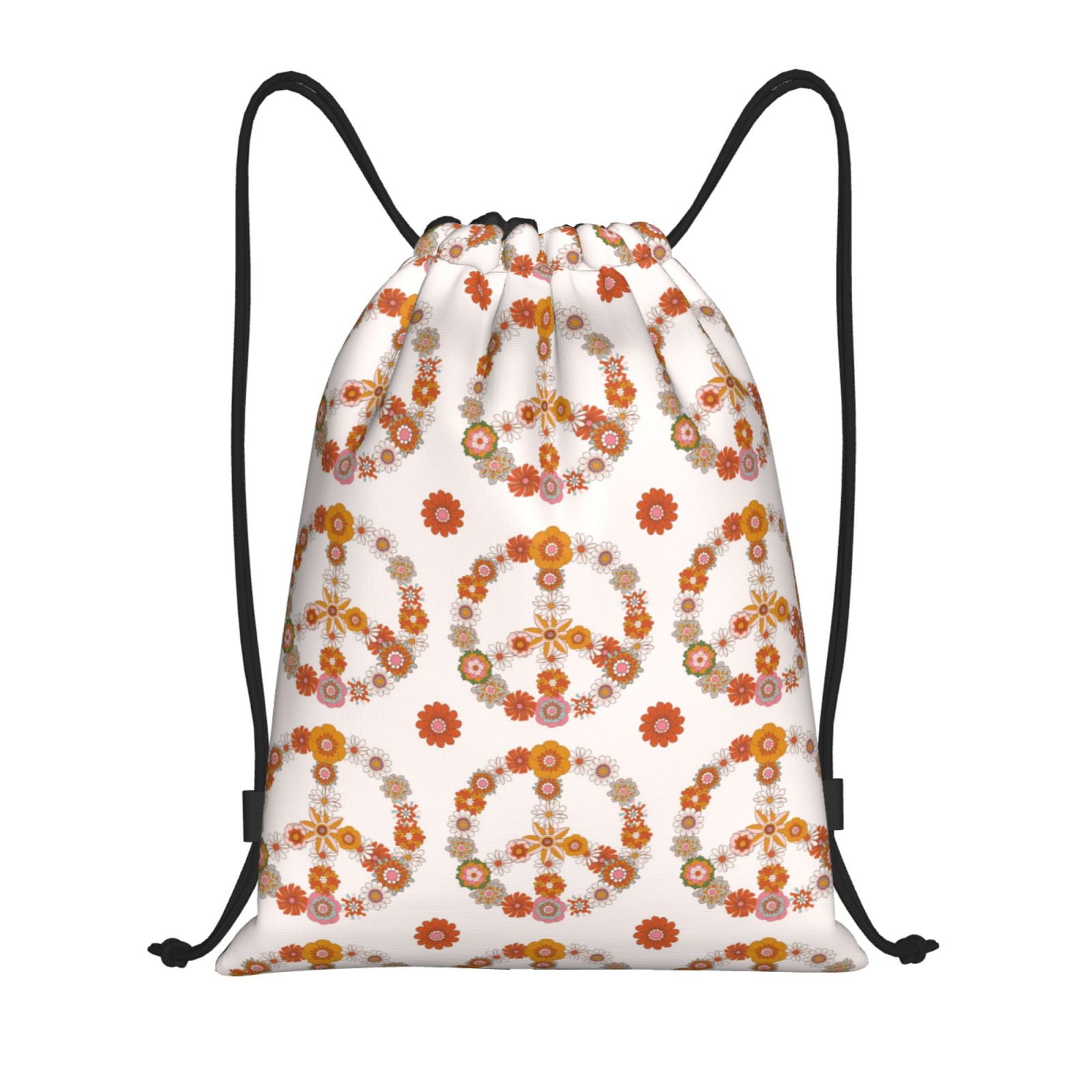Drawstring Backpack, Retro Flowers Peace Sign Light Waterproof Sports ...