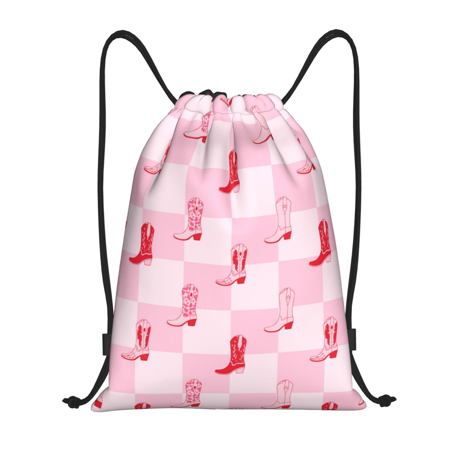 Drawstring Backpack, Retro pink Cowgirl boots checkerboard Light ...