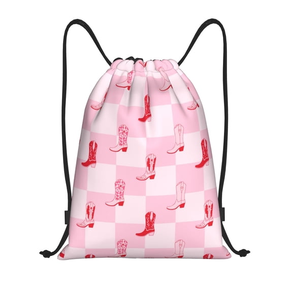 Drawstring Backpack, Retro pink Cowgirl boots checkerboard Light ...