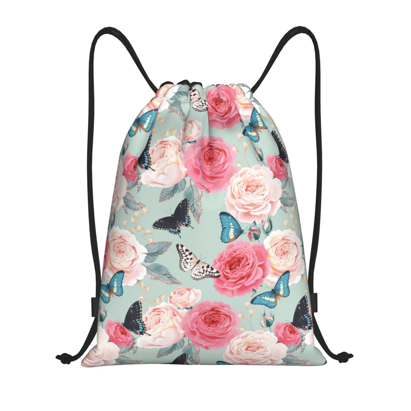 Drawstring Backpack - Roses and Butterflies Cheer Gym Bag for Women Men ...
