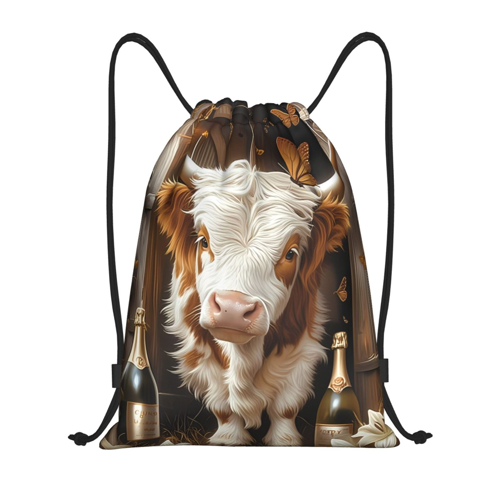 Drawstring Backpack - Rustic Cow Butterflies Champagne Splash Proof ...