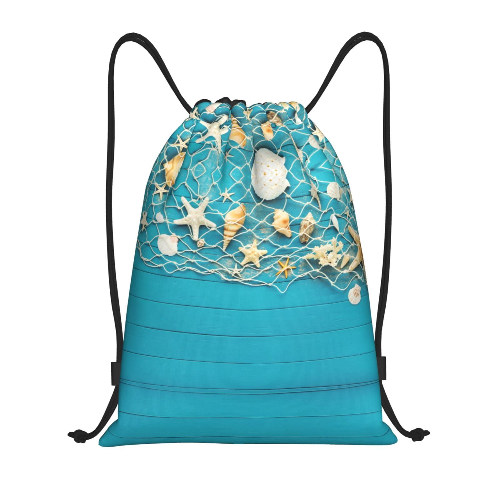 Drawstring Backpack, Seashells And Fishing Net On Blue Wooden Table ...