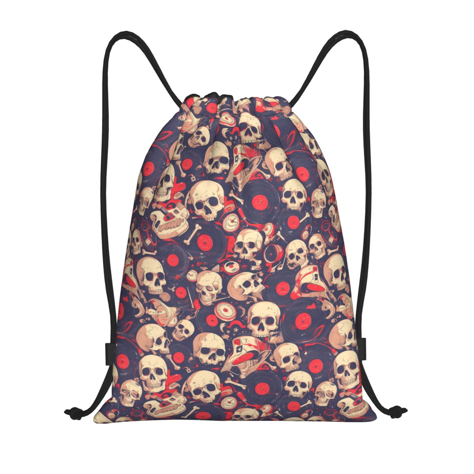 Drawstring Backpack - Skull rock music record Splash Proof Small ...