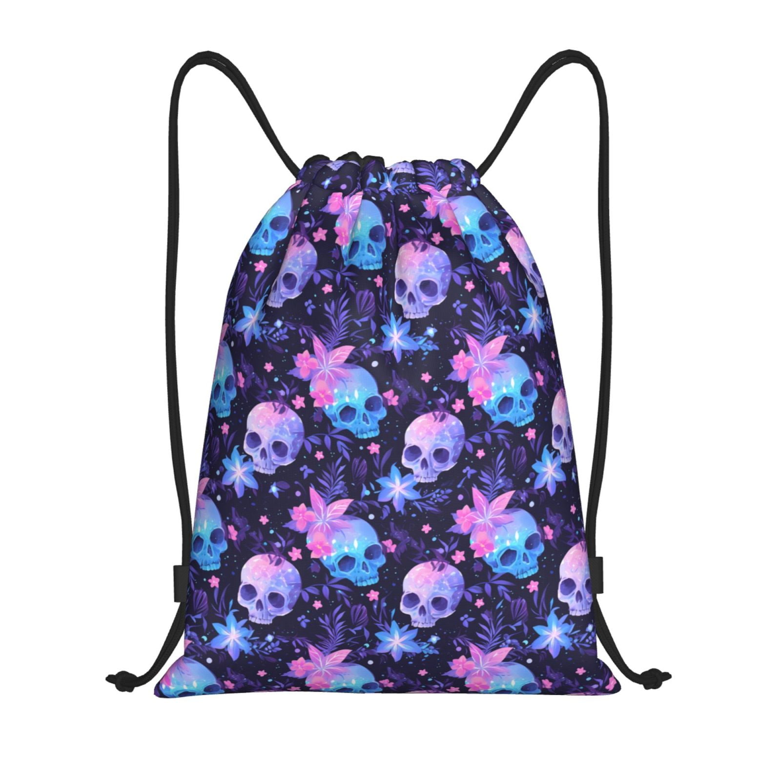 Drawstring Backpack - Skull starry sky flower leaf Splash Proof Small ...