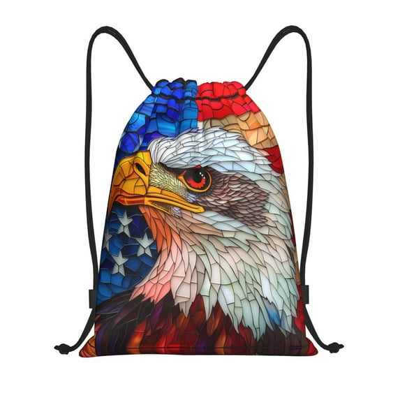 Drawstring Backpack - Stained Glass Eagle Flag Splash Proof Small ...