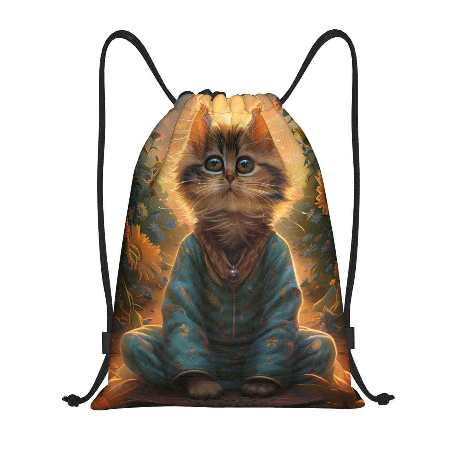 Drawstring Backpack, Sunflower Meditating Cat Light Waterproof Sports ...