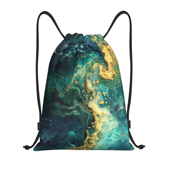 Drawstring Backpack - Turquoise Golden Swirl Splash Proof Small ...