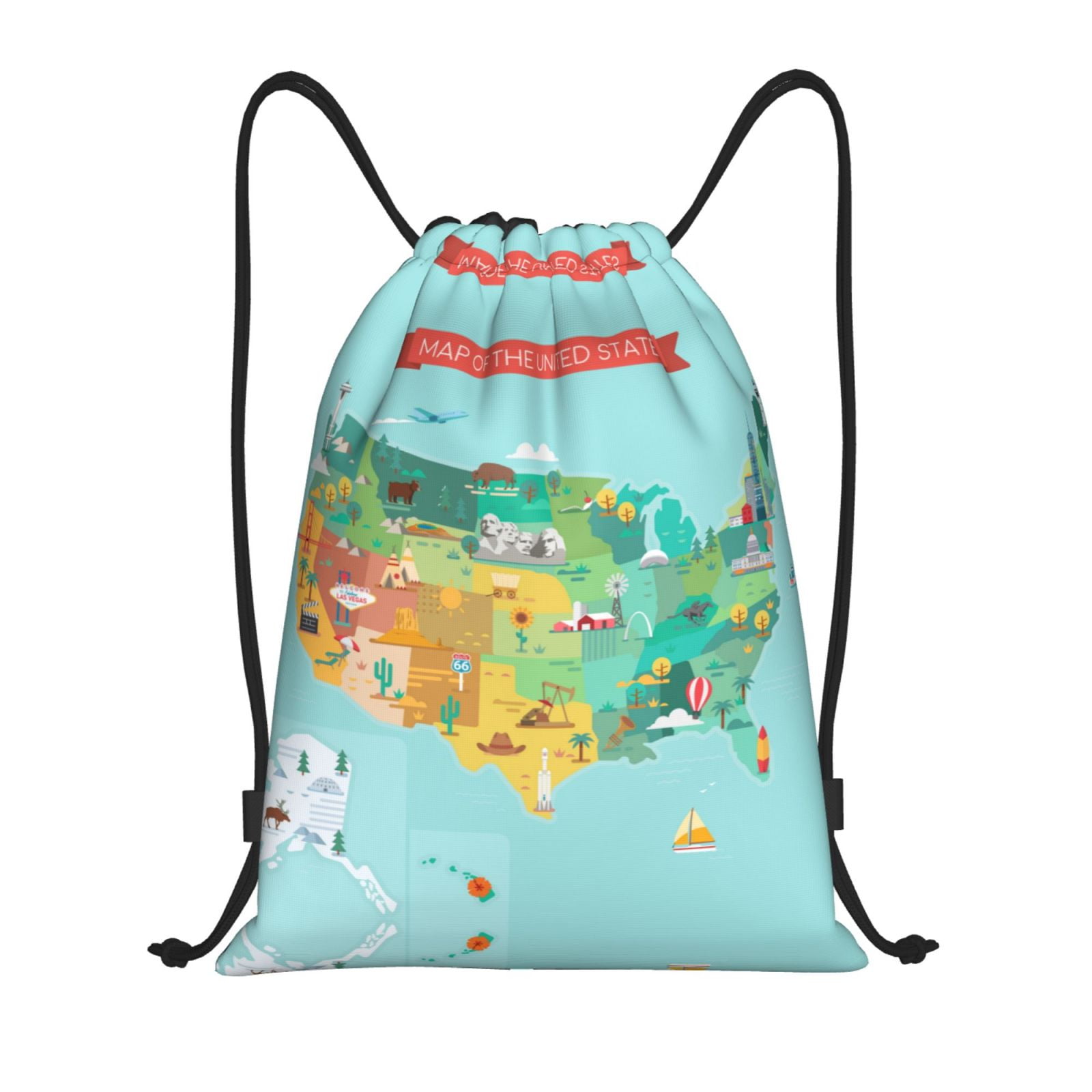 Drawstring Backpack, USA Tourist Map Famous Landmarks Light Waterproof ...