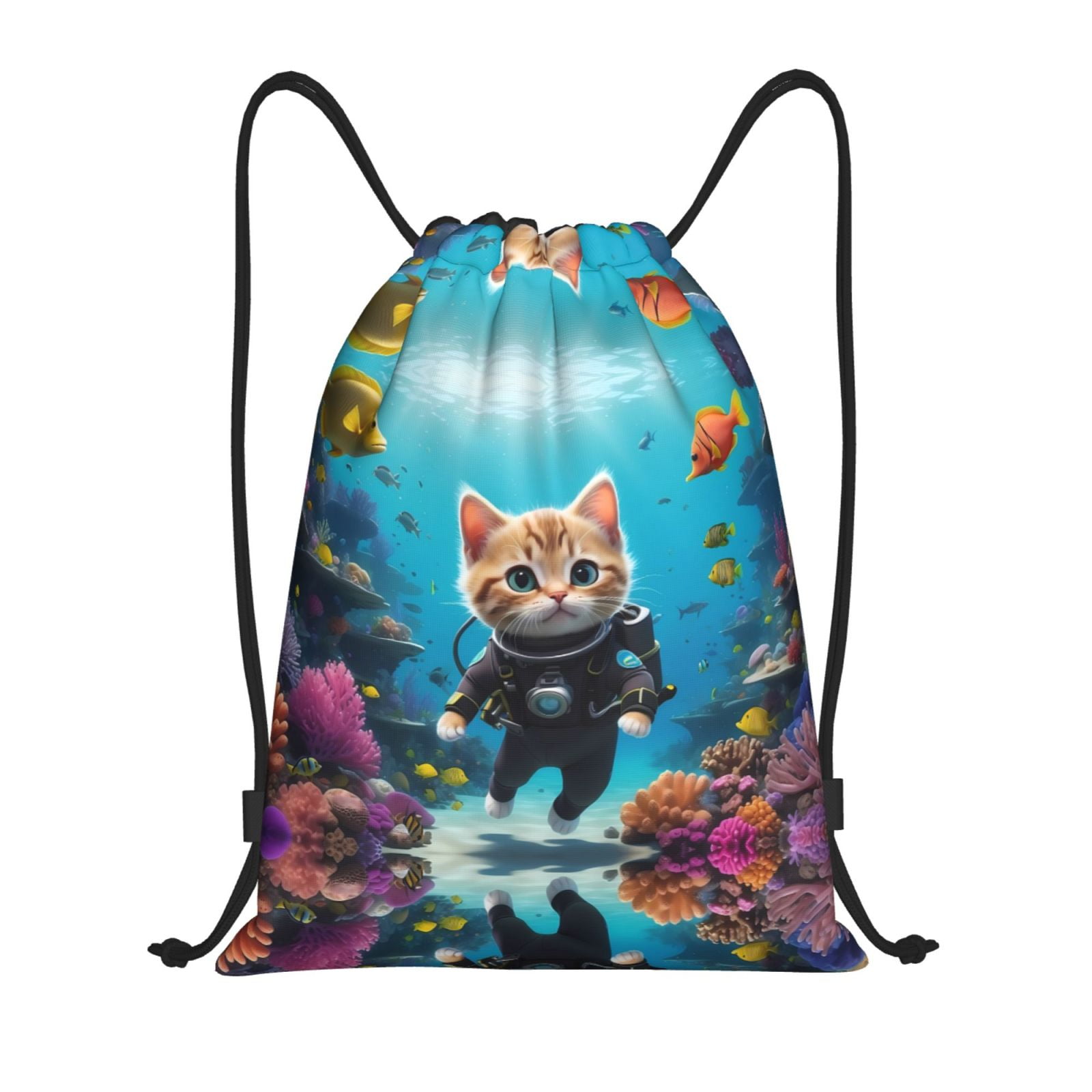 Drawstring Backpack, Underwater Diving Cat Light Waterproof Sports Gym ...