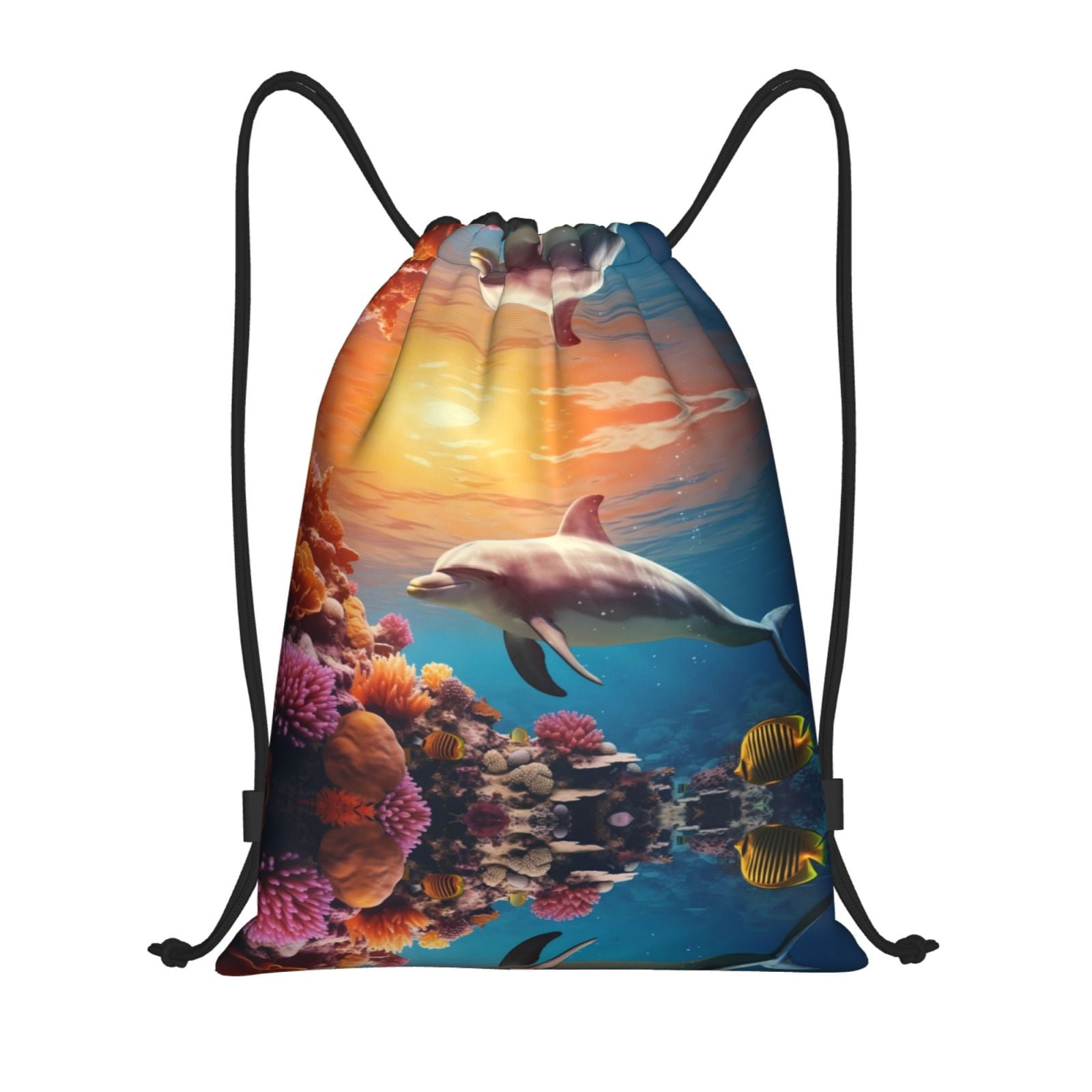 Drawstring Backpack - Underwater Plant Dolphin Splash Proof Small Drawstring Gym Bag for Women ...