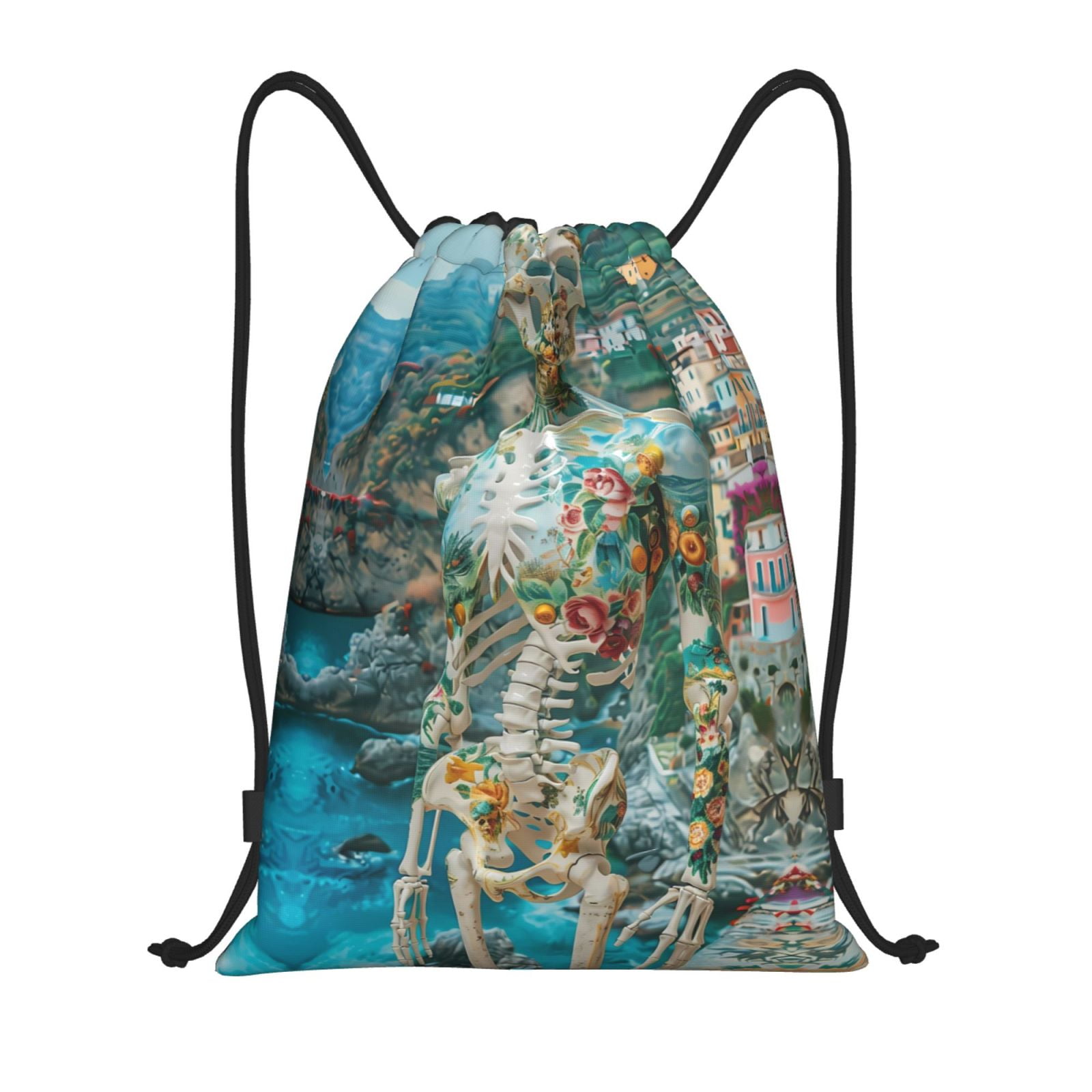 Drawstring Backpack - Vintage Print Island Skull Cheer Gym Bag for ...