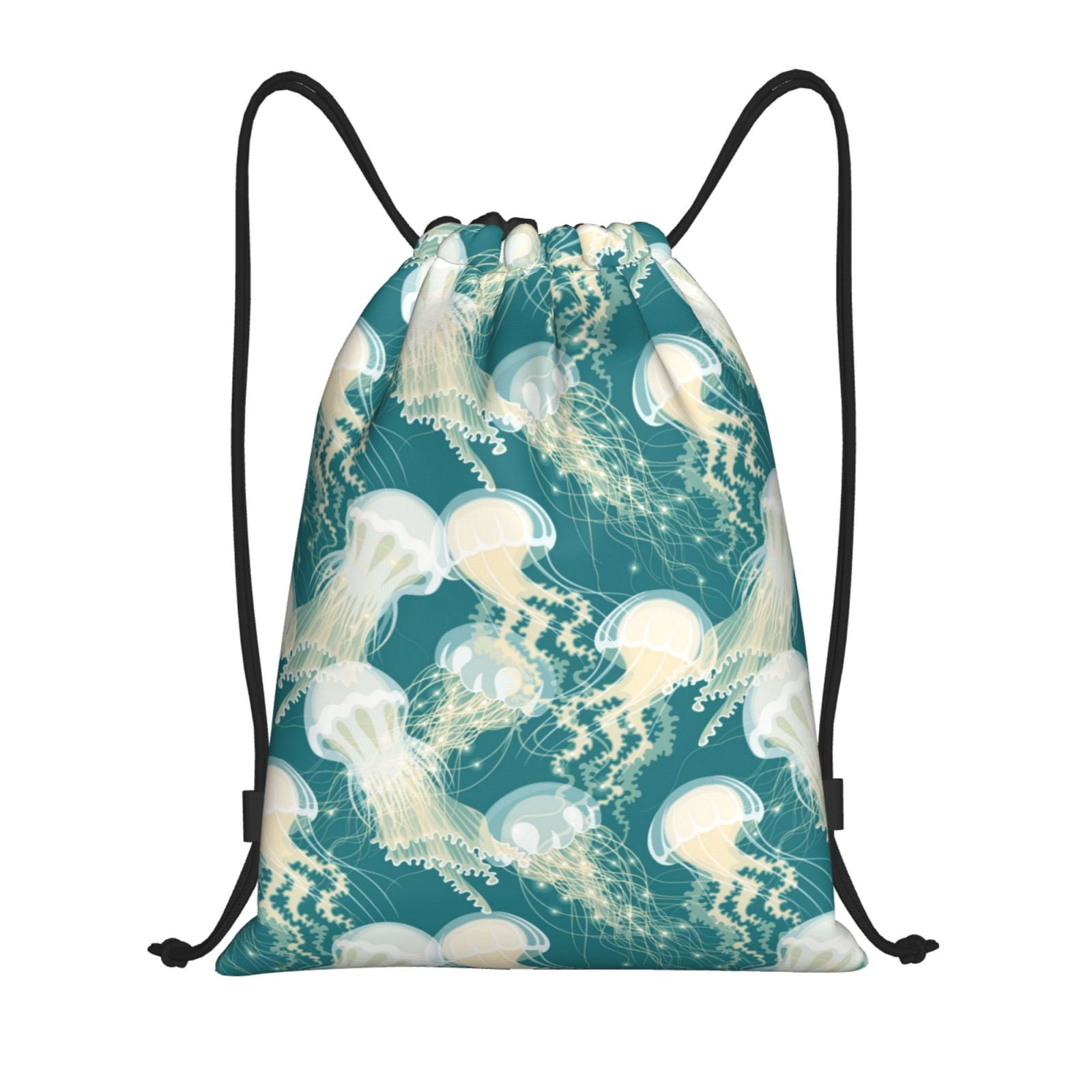 Drawstring Backpack, White Jellyfish Print Green Light Waterproof ...