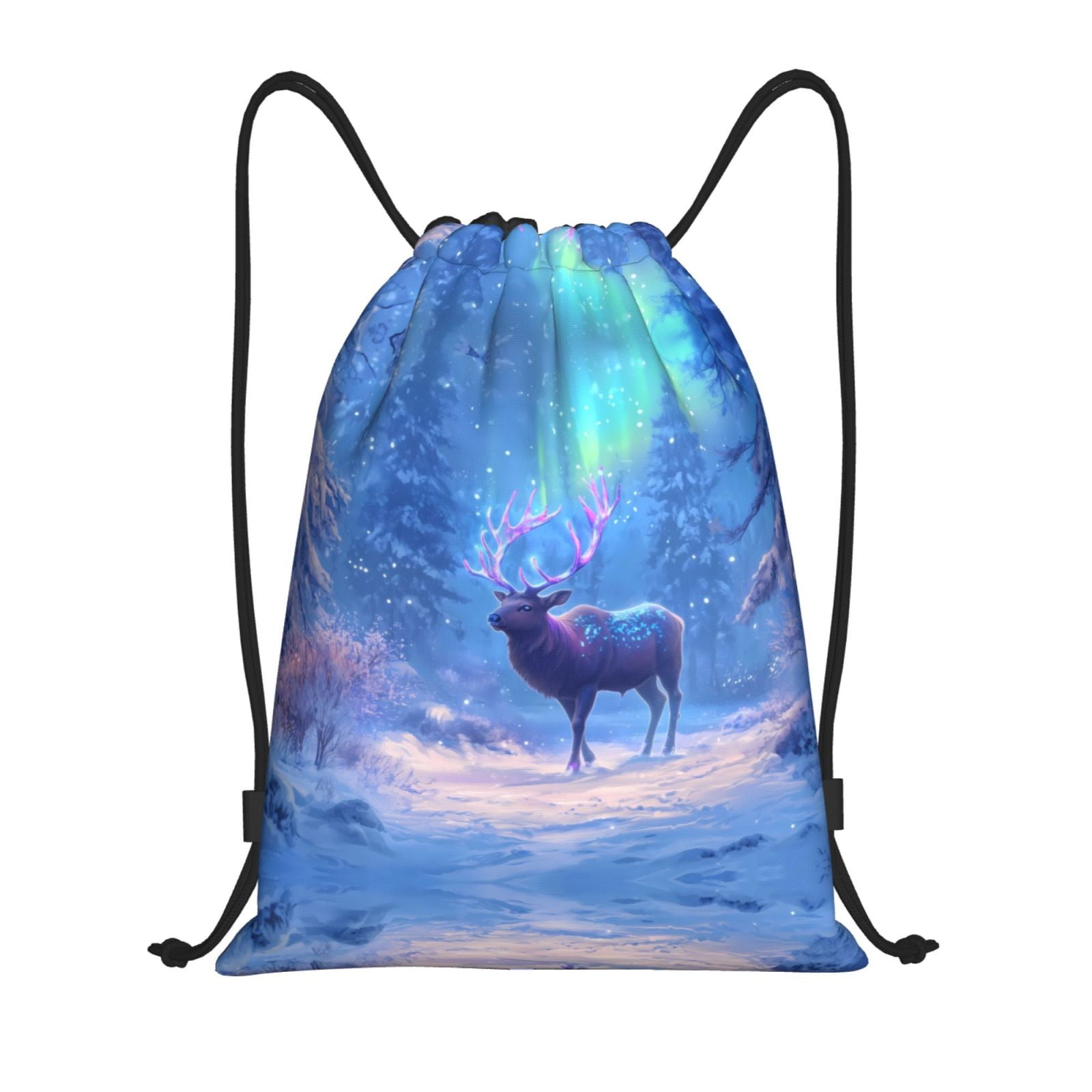 Drawstring Backpack, Winter Forest Snowy Deer Light Waterproof Sports ...