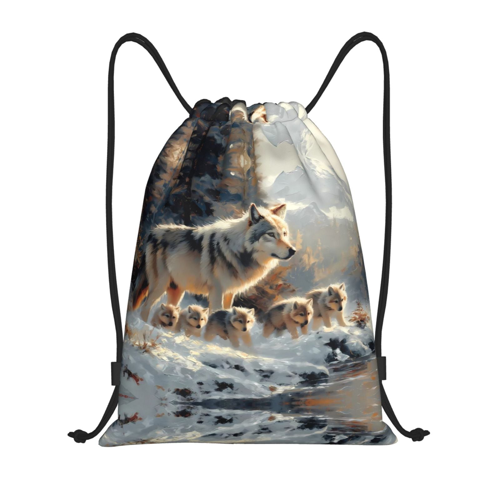 Drawstring Backpack - Wolf Family Winter Wonderland Cheer Gym Bag for ...