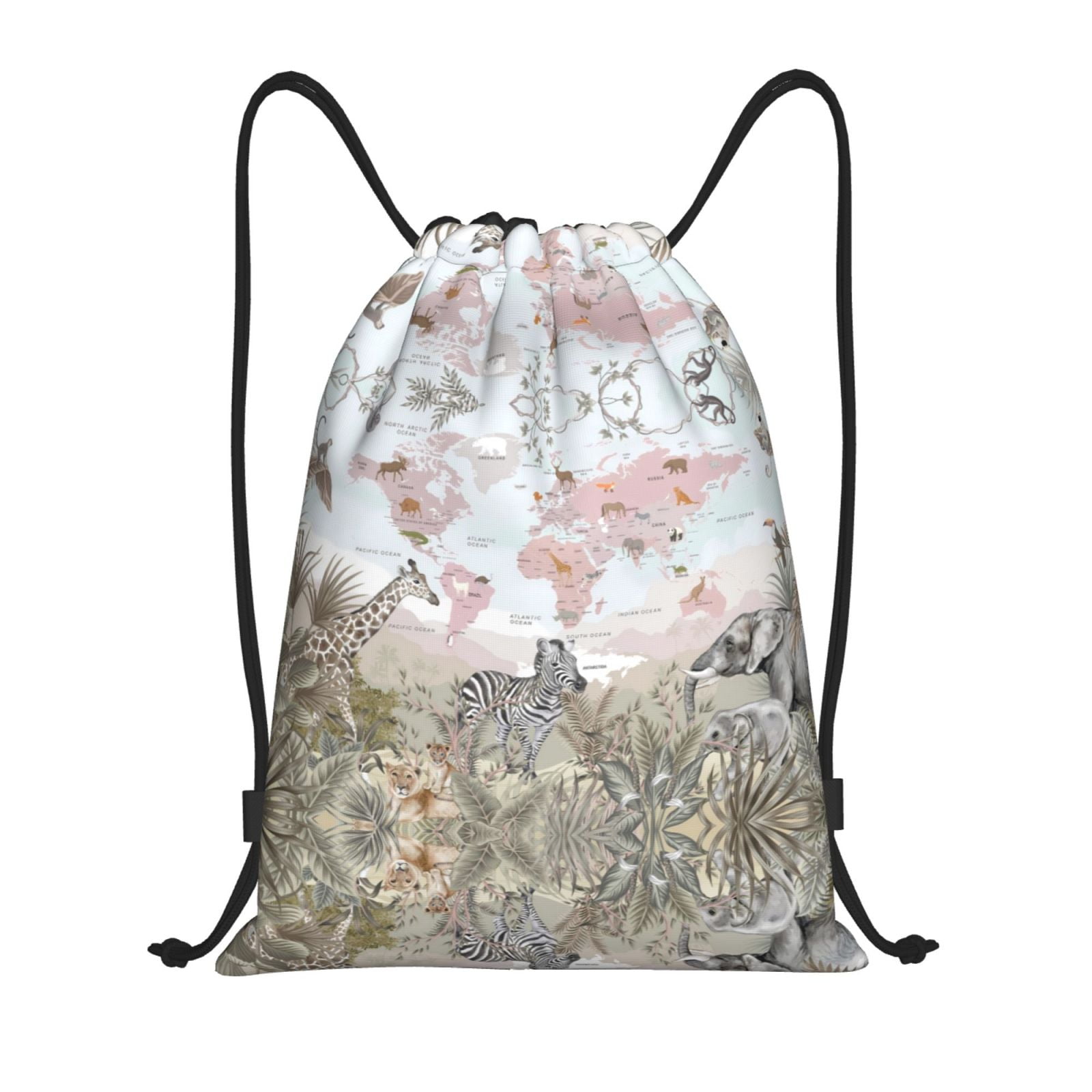 Drawstring Backpack - World Map With Safari Animals Splash Proof Small ...