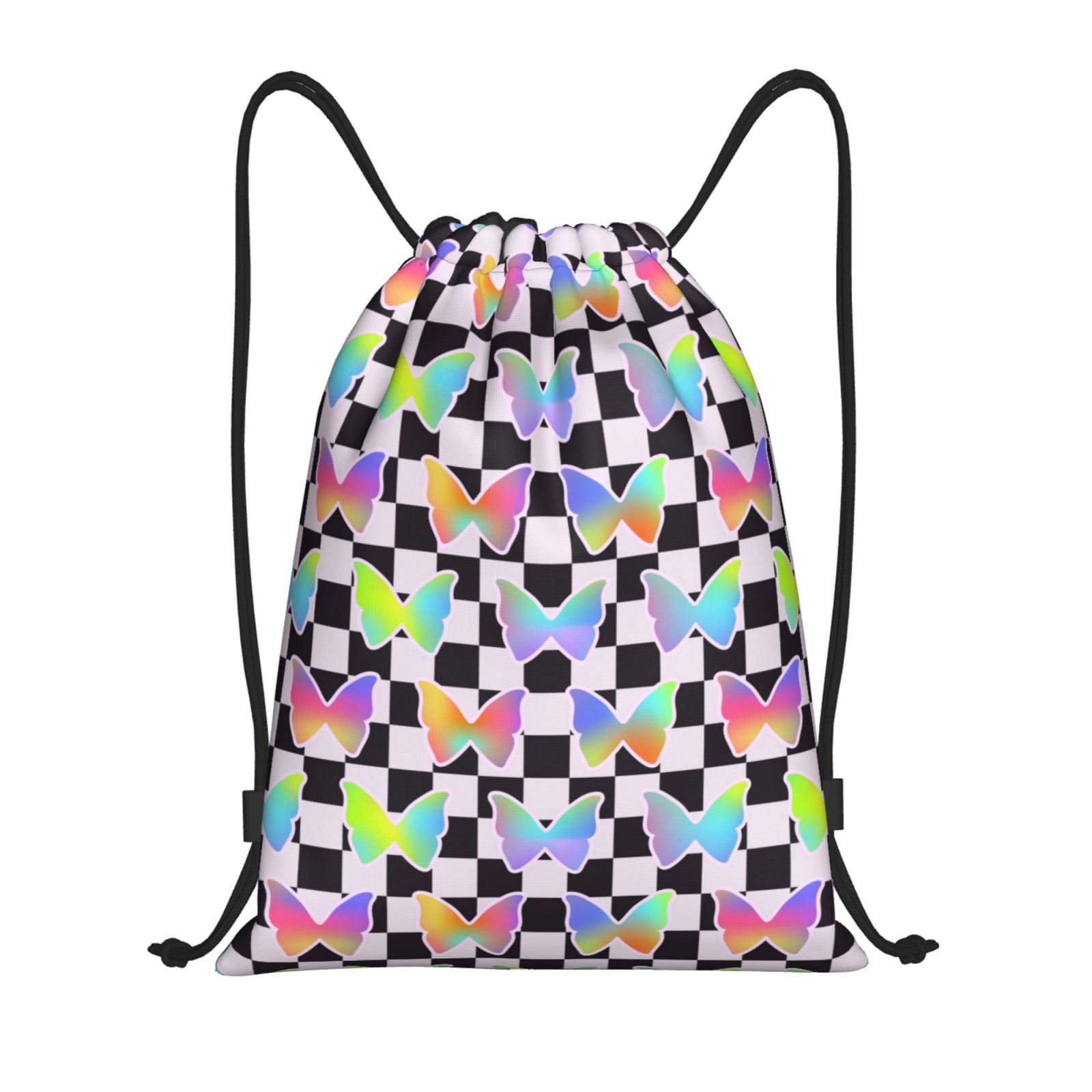 Drawstring Backpack, Y2K aesthetic grid butterfly Light Waterproof ...