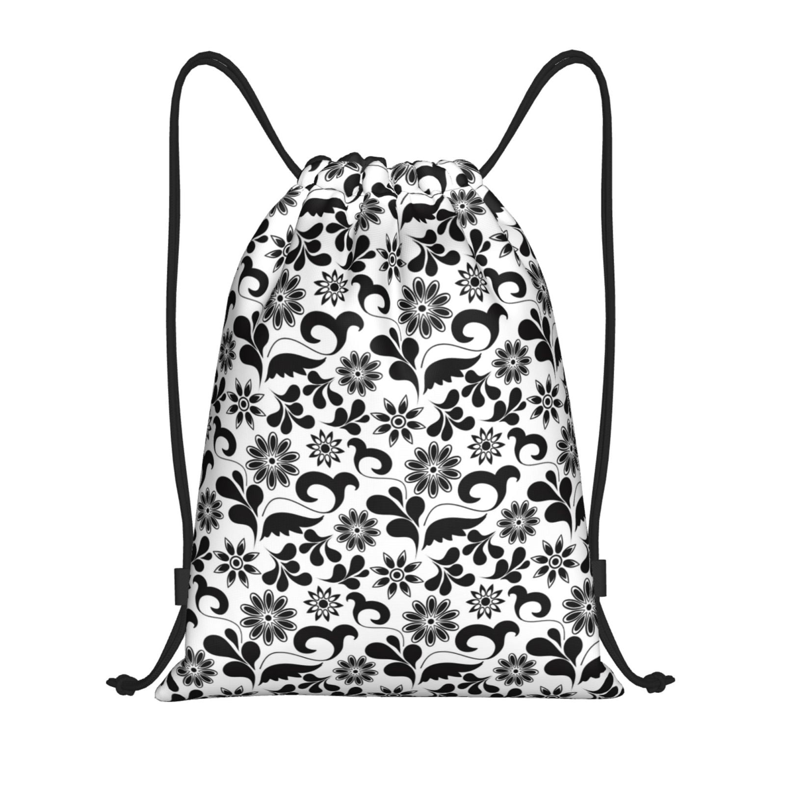 Drawstring Backpack - black white flowers Splash Proof Small Drawstring ...