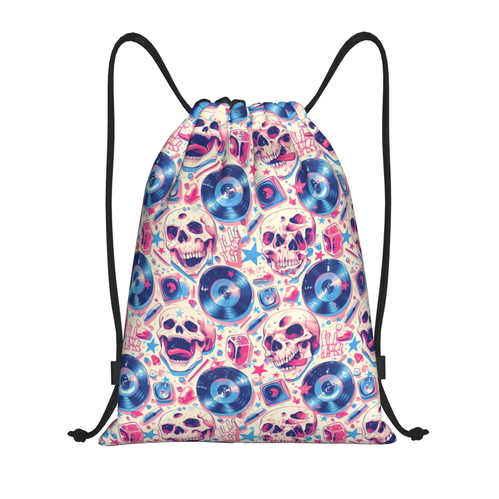 Drawstring Backpack - blue record rock Skull Splash Proof Small ...