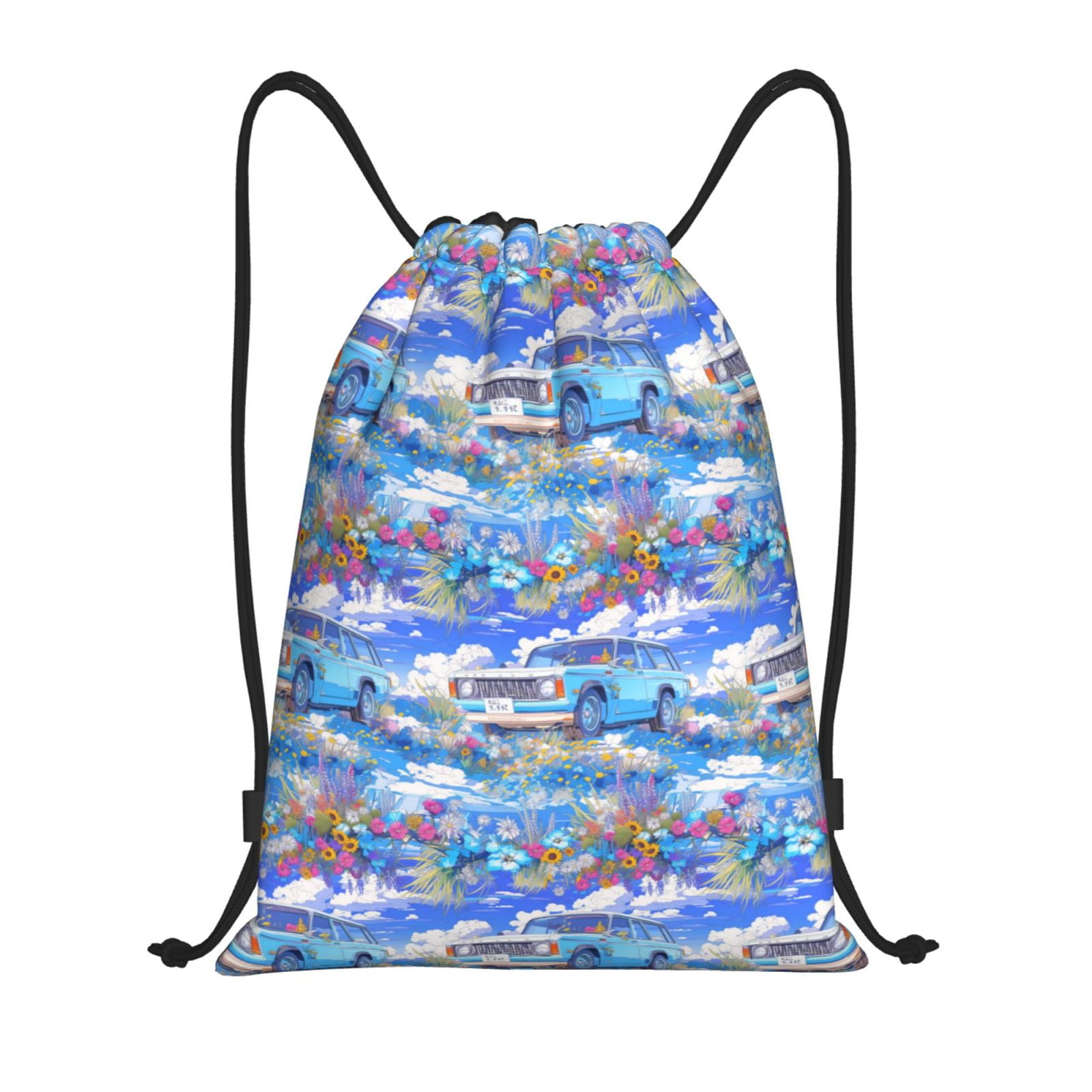 Drawstring Backpack, blue travel car flower Light Waterproof Sports Gym ...