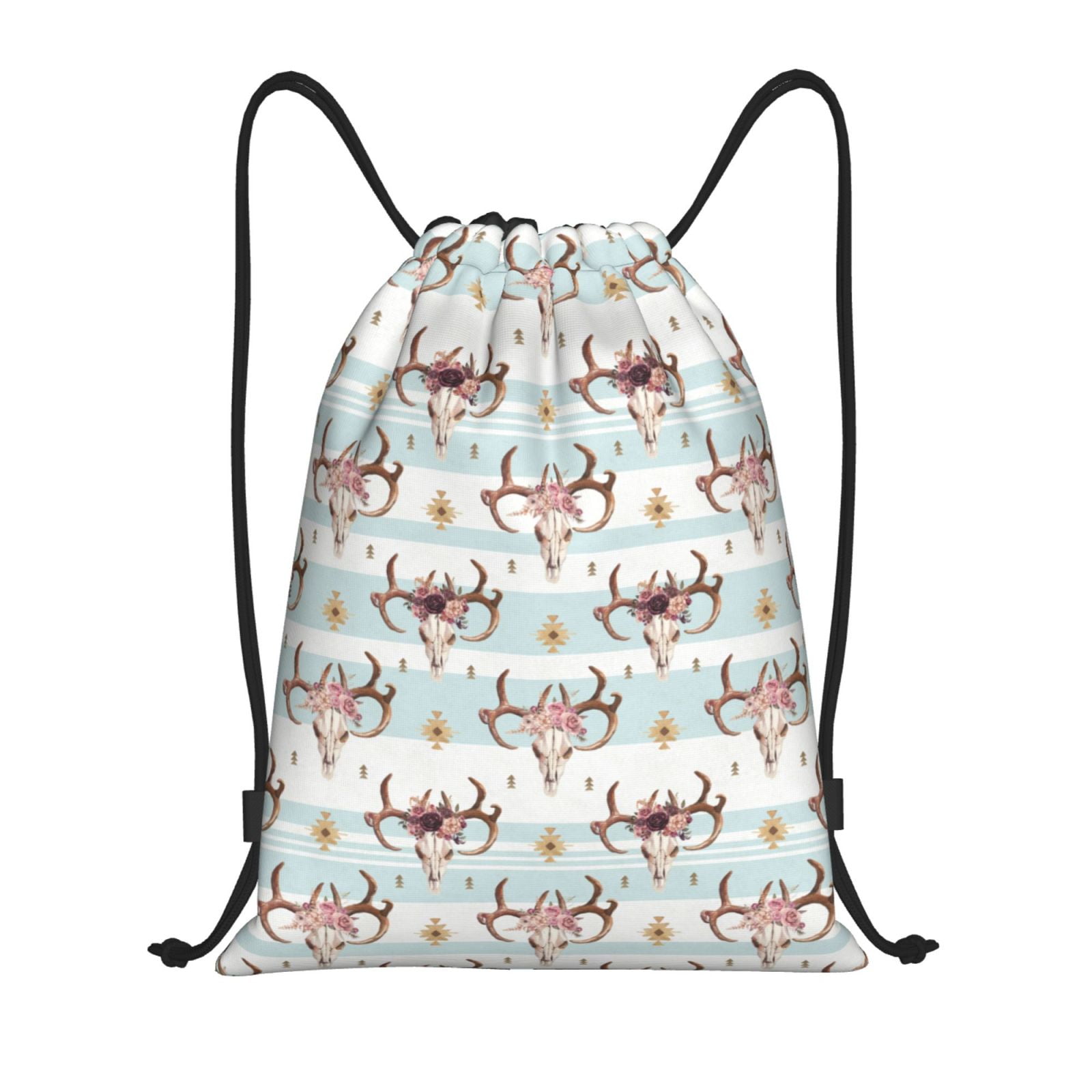 Drawstring Backpack, boho floral deer skull Indian Light Waterproof ...