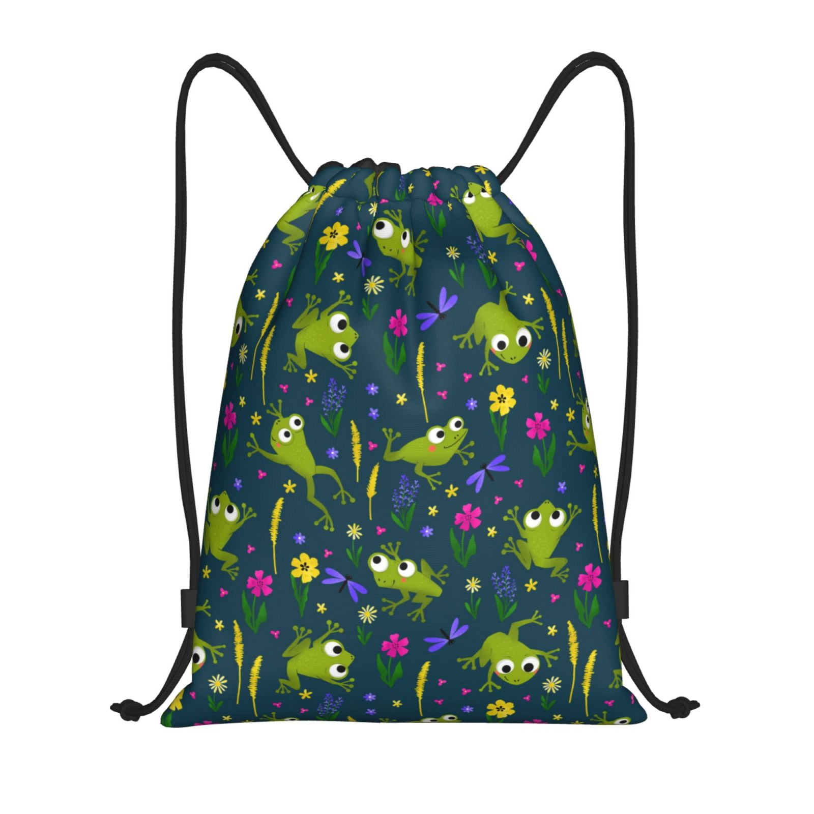 Drawstring Backpack - cartoon frogs flower navyblue Splash Proof Small ...