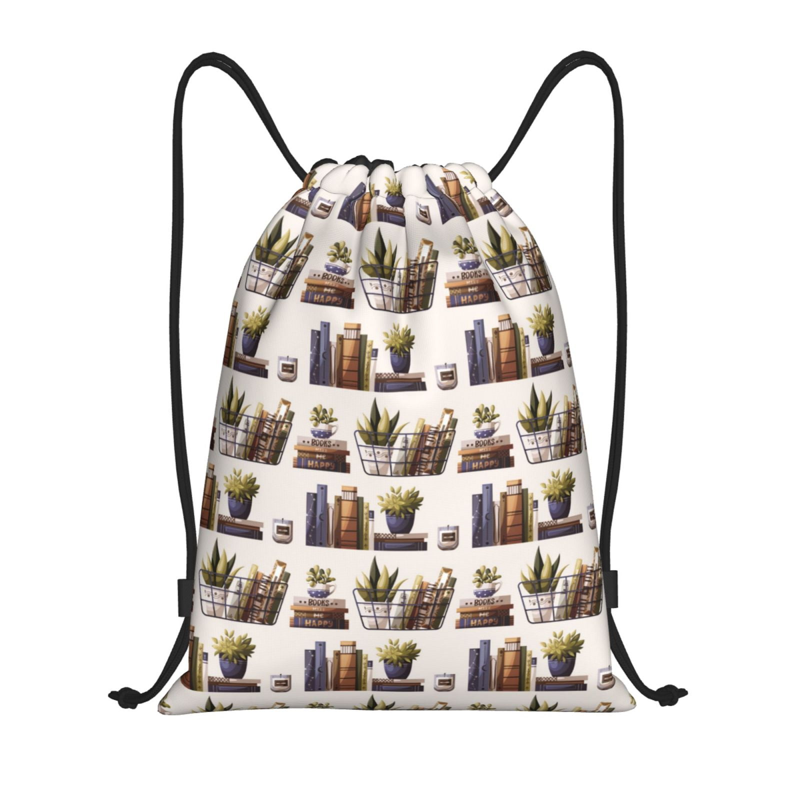 Drawstring Backpack, cute books plants reading print Light Waterproof ...