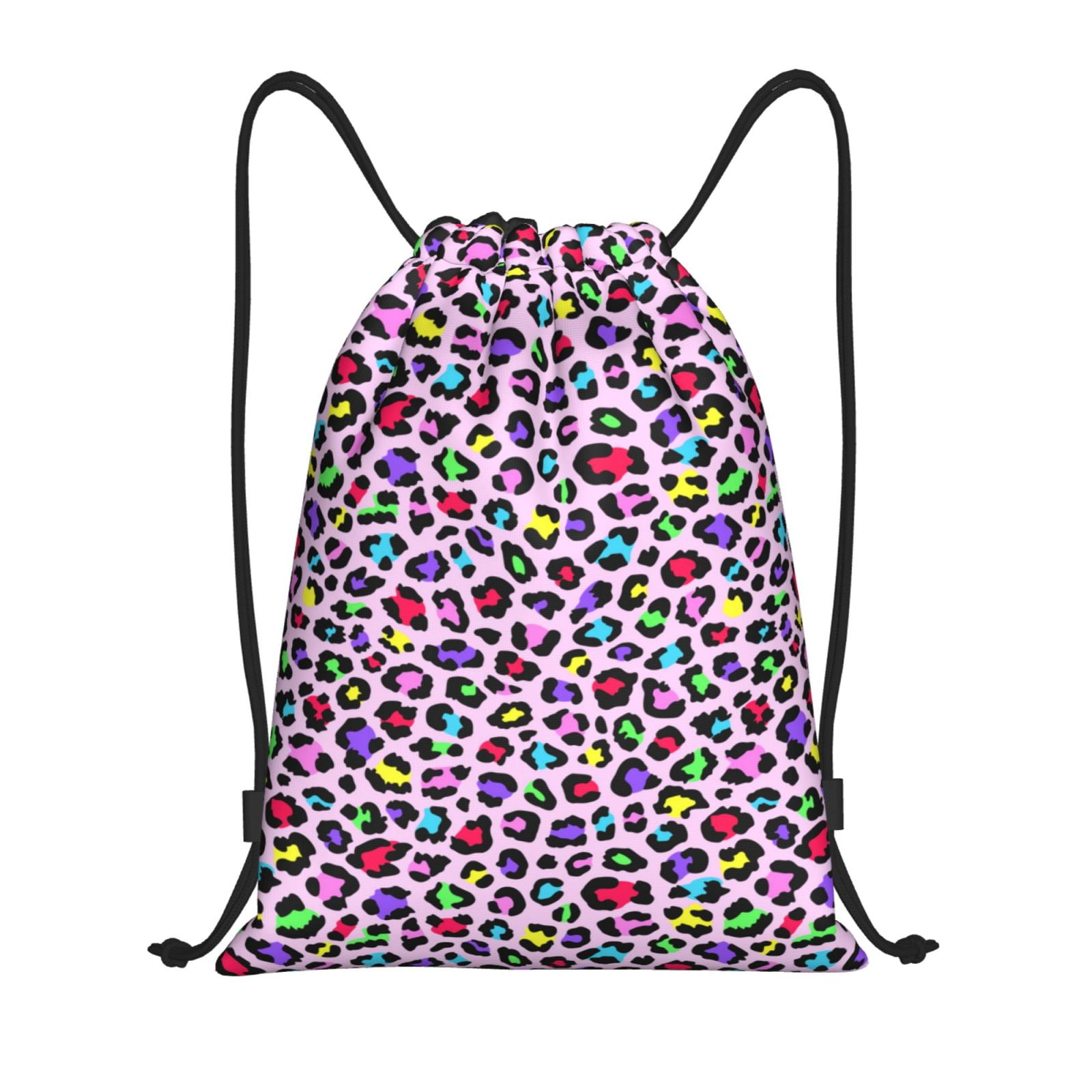 Drawstring Backpack - fashion rainbow leopard pink Splash Proof Small ...