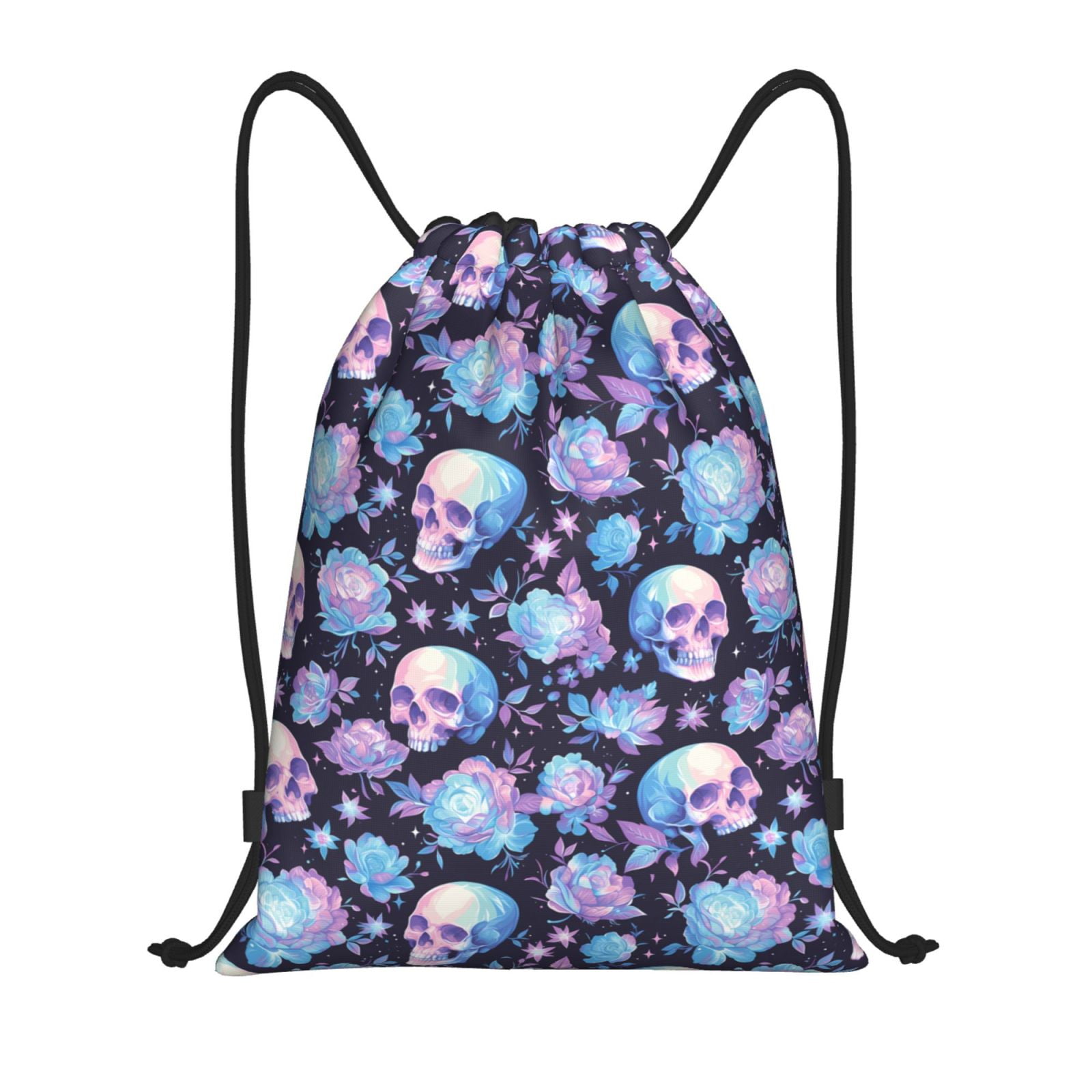 Drawstring Backpack - flower Skull in starry sky Splash Proof Small ...
