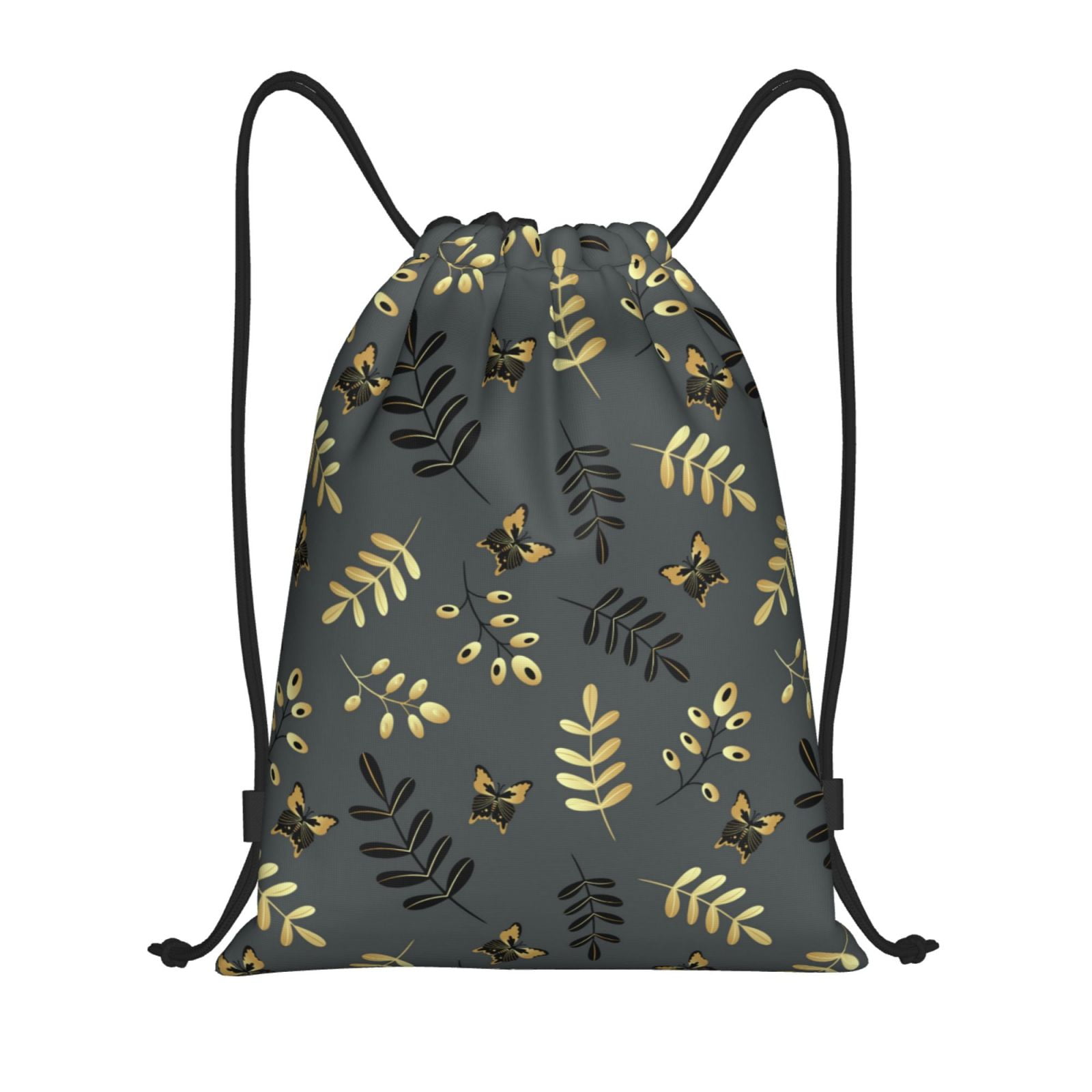Drawstring Backpack - gold black butterflies twigs Splash Proof Small ...