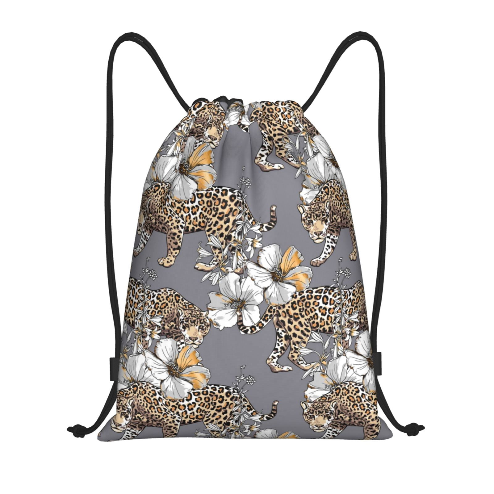 Drawstring Backpack - leopard Gold Hibiscus floral grey Gym Bag for ...