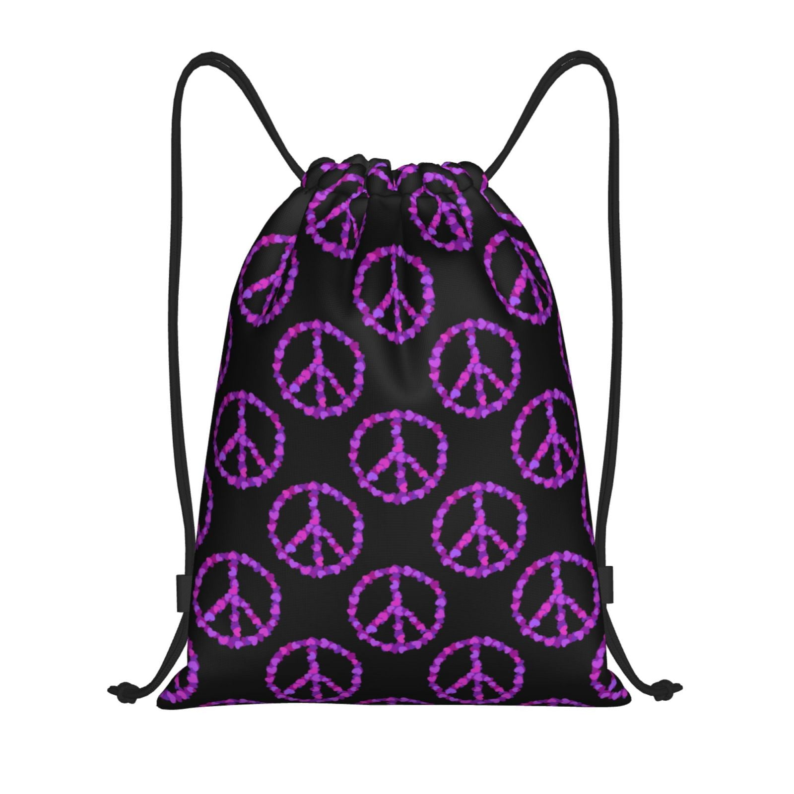 Drawstring Backpack, purple hearts peace sign black Light Waterproof ...