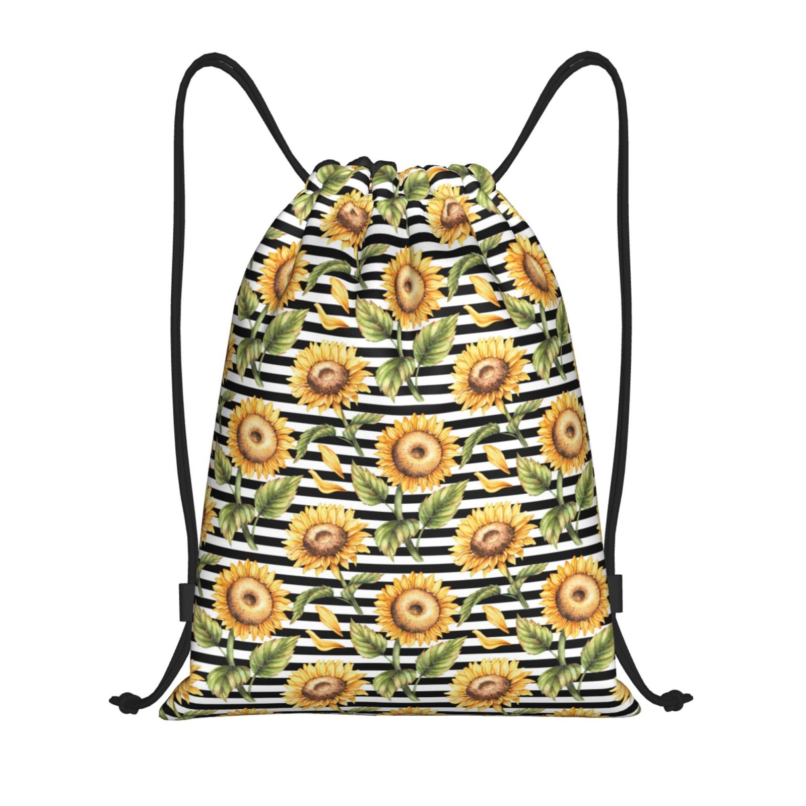 Drawstring Backpack - sunflowers striped black white Retro Gym Bag for ...