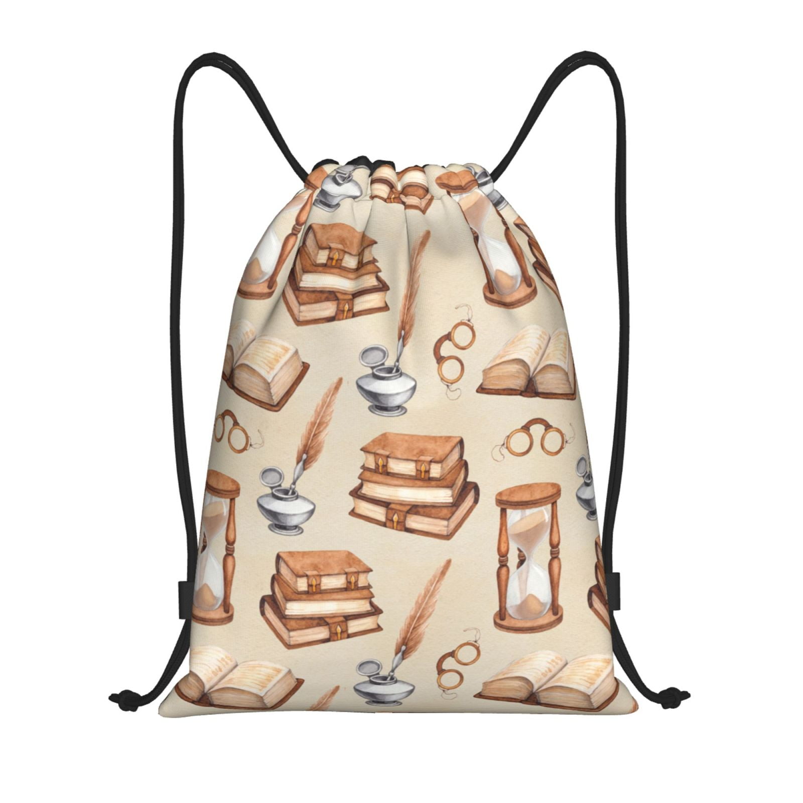 Drawstring Backpack - vintage books glasses sand hourglass Splash Proof ...