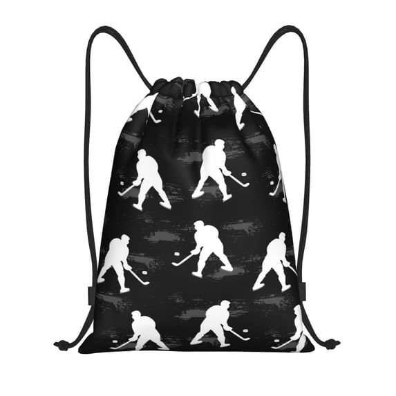 Drawstring Backpack - white hockey players black print Splash Proof ...