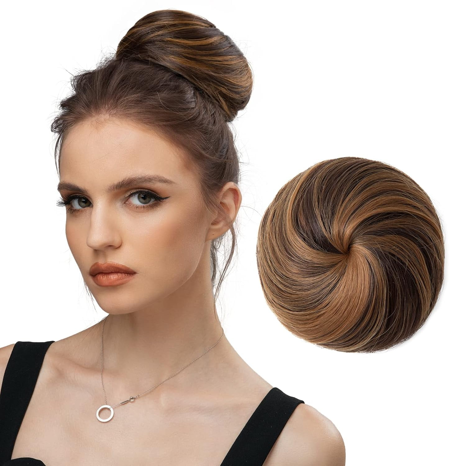 Drawstring Hair Bun Extension Dark Brown/Golden Synthetic Fake Ballet ...