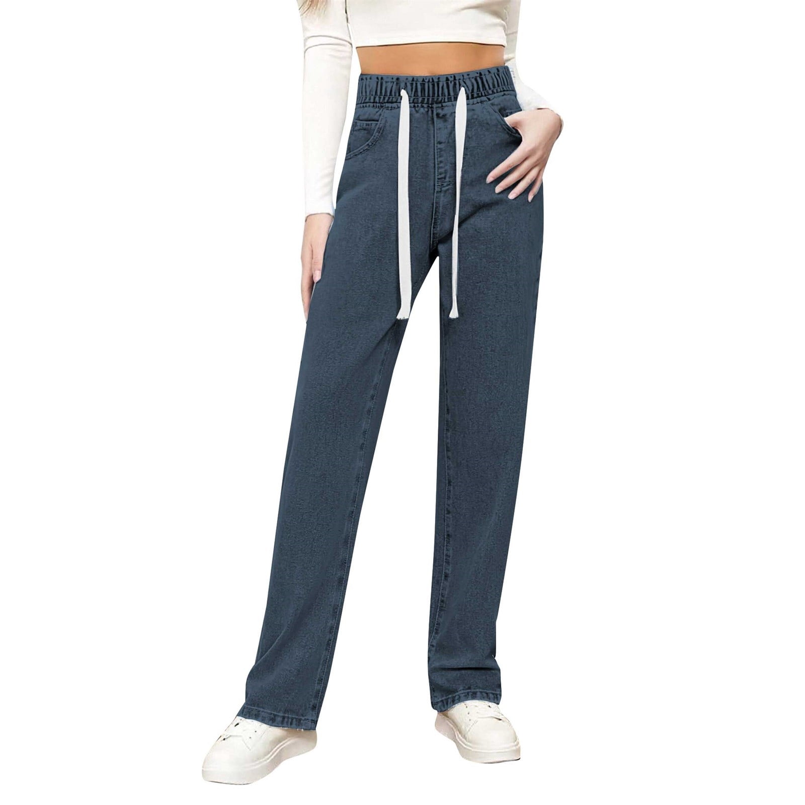 Drawstring Jeans Women, Audhol Ladies' High Waisted Wide Leg Pants with ...